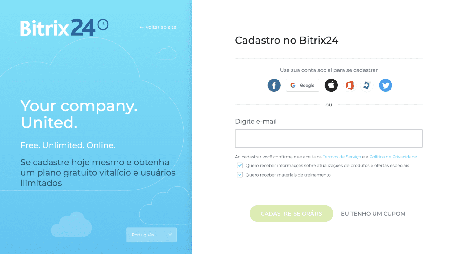 Como criar a sua conta Bitrix24 grátis com usuários ilimitados